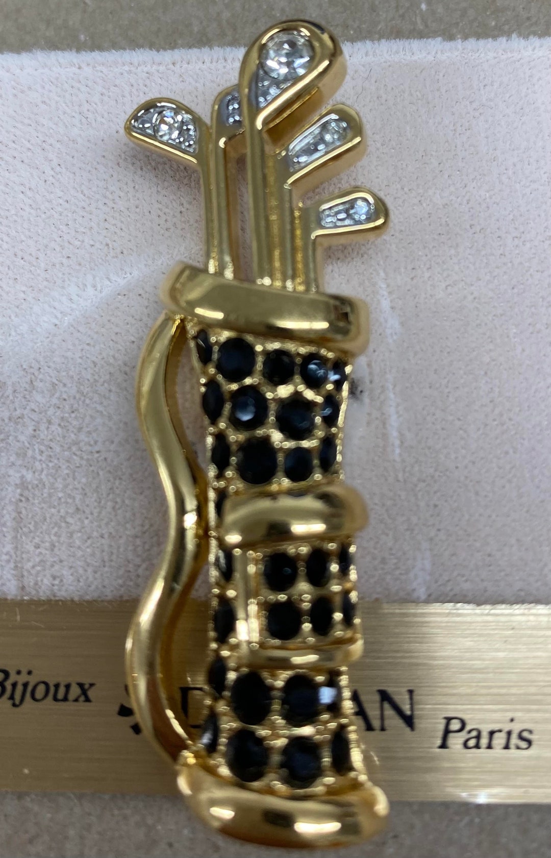 D'orlan Signed Golf Brooch. Triple 22kt Gold Plated W Handset Swarovski ...