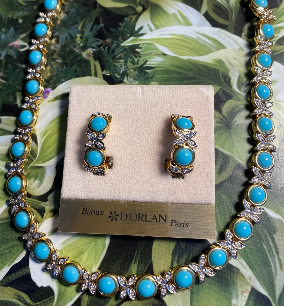 D'orlan Signed Necklace Pierced Earrings. Triple 22kt Gold Plated W ...