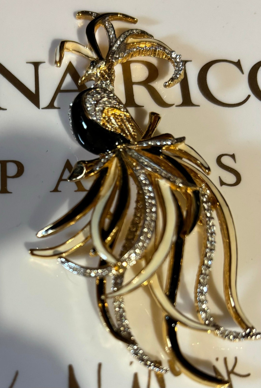 Nina Ricci Bird Brooch. Triple 22kt Gold Plated W Hand Painted White ...
