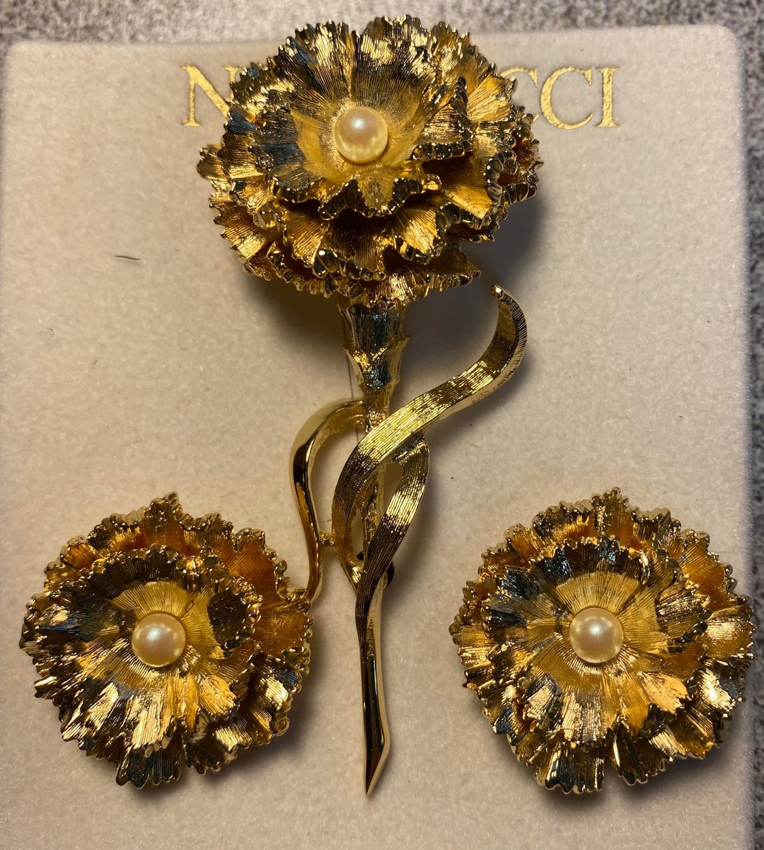 Nina Ricci Signed Boxed Set of Carnation Brooch and Clip Earrings ...