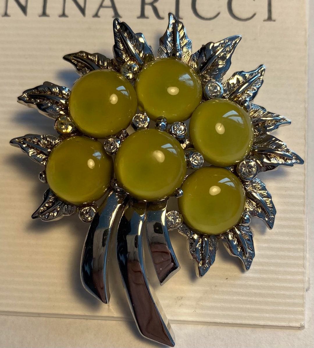 Nina Ricci Signed Brooch, Floral Design, Rhodium Plated Light Green ...