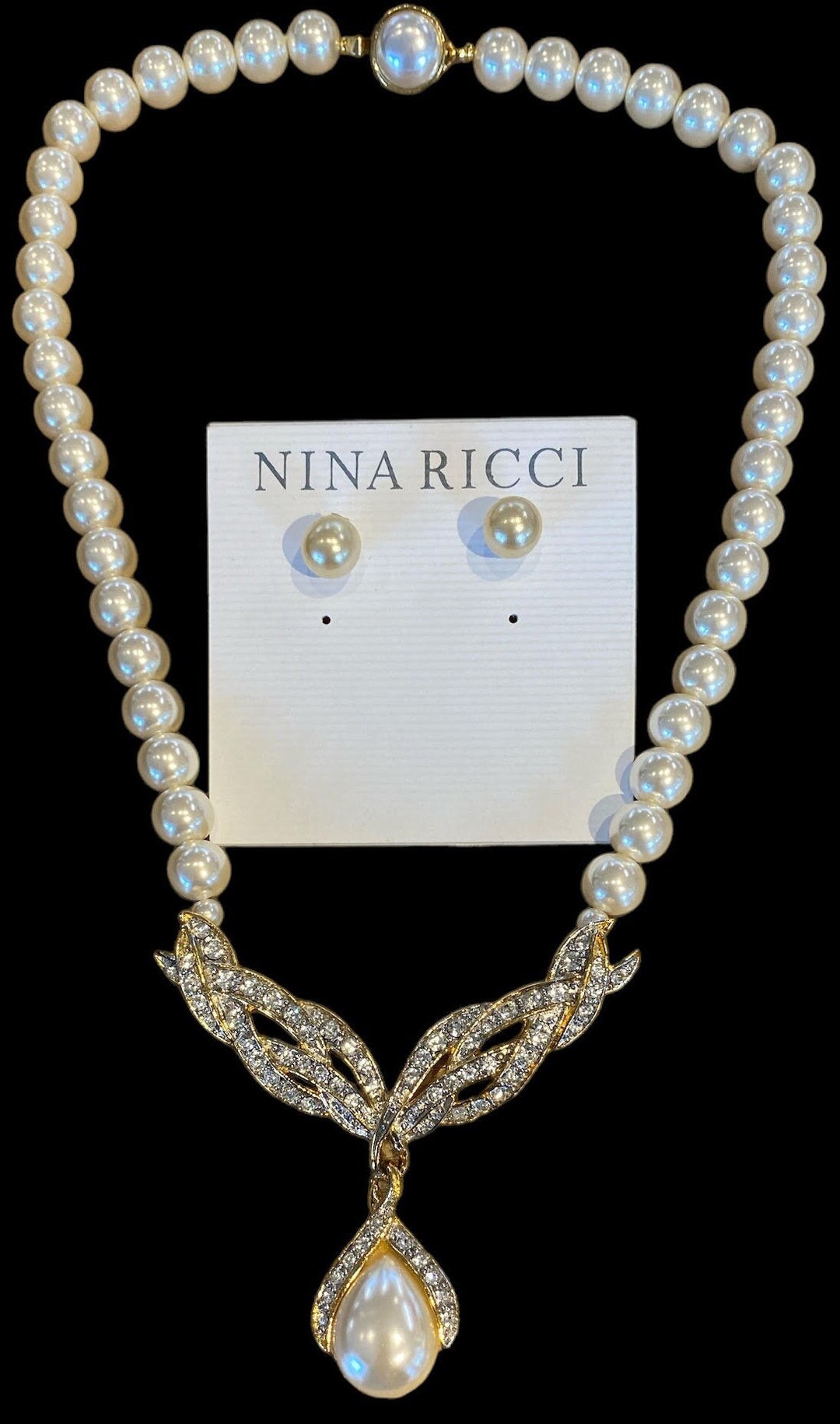 Nina Ricci Pearl Necklace W Pierced Earrings. Triple 22kt Gold Plated W ...