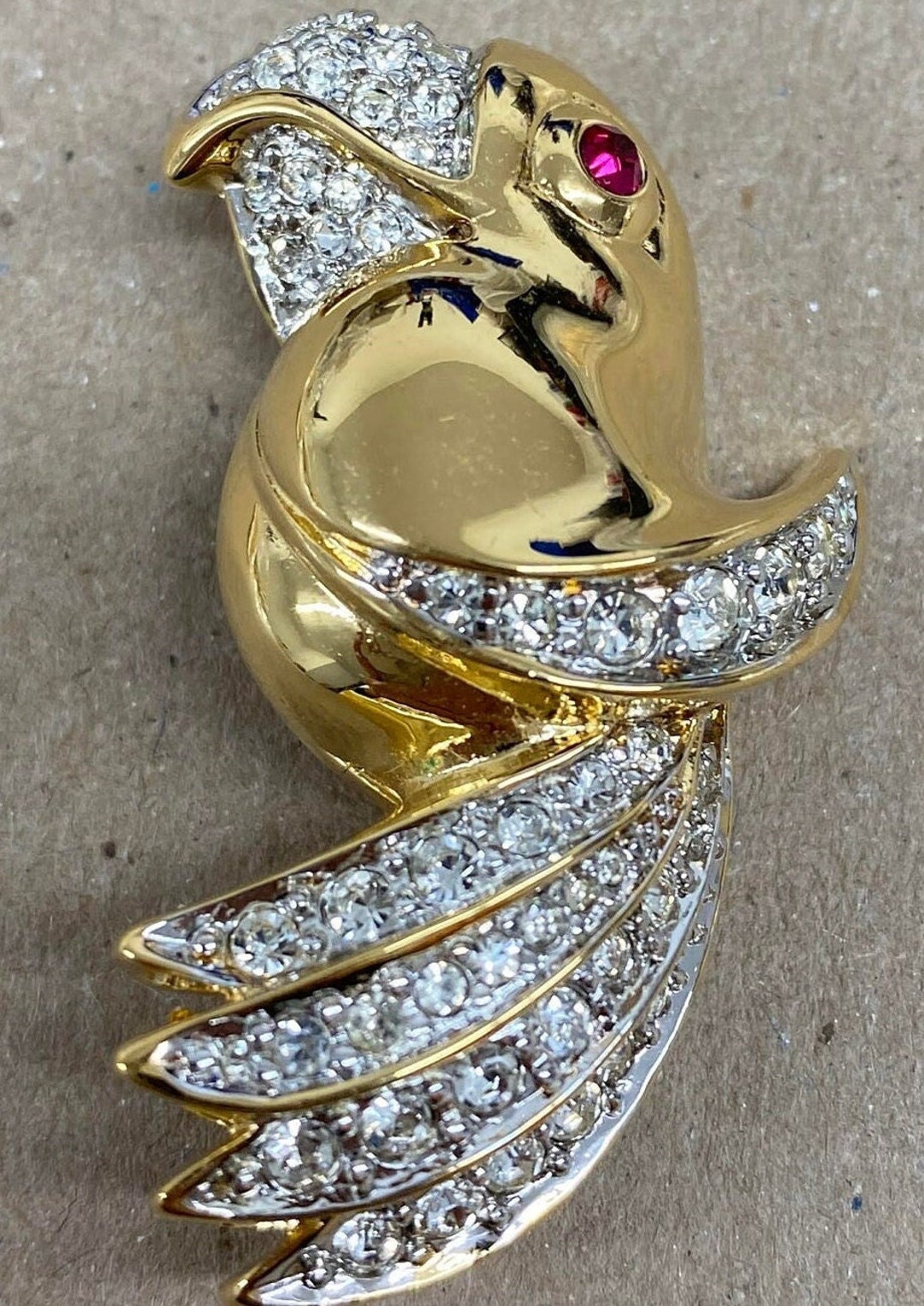 D'orlan Signed Bird Brooch. Triple 22kt Gold Plated W Red & Clear ...