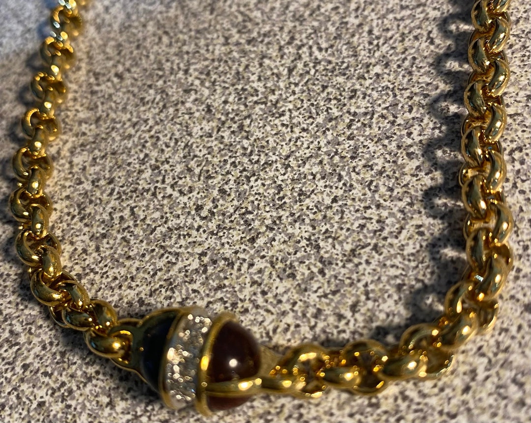 Nina Ricci Signed Necklace. Triple 22kt Gold Plated W Handset Ruby ...