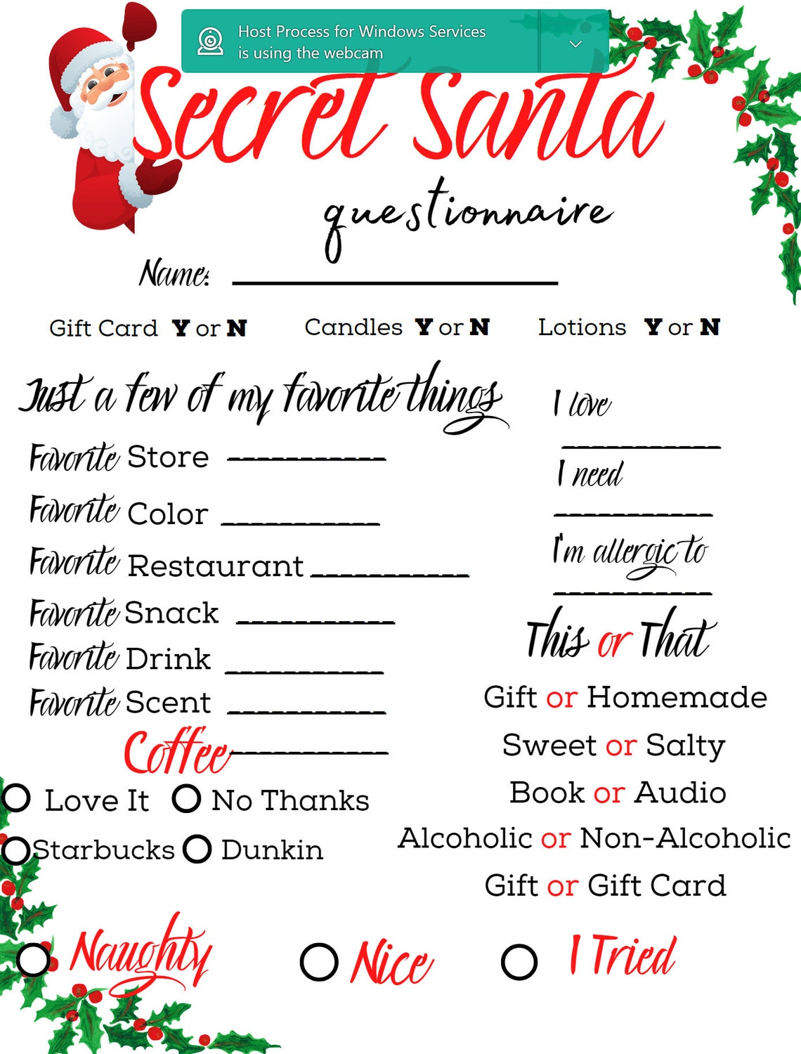 Secret Santa Questionnaire - Etsy