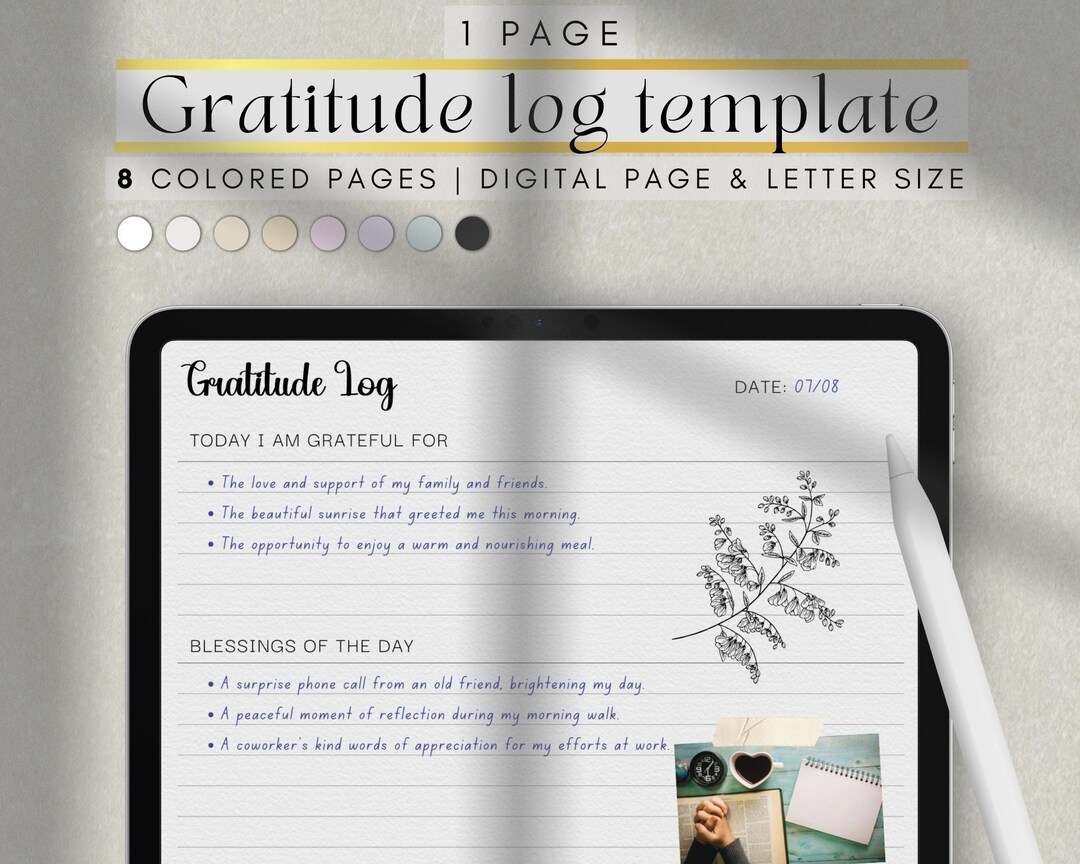 Digital Gratitude Log Template in 8 Colors and Letter Size printable - Etsy