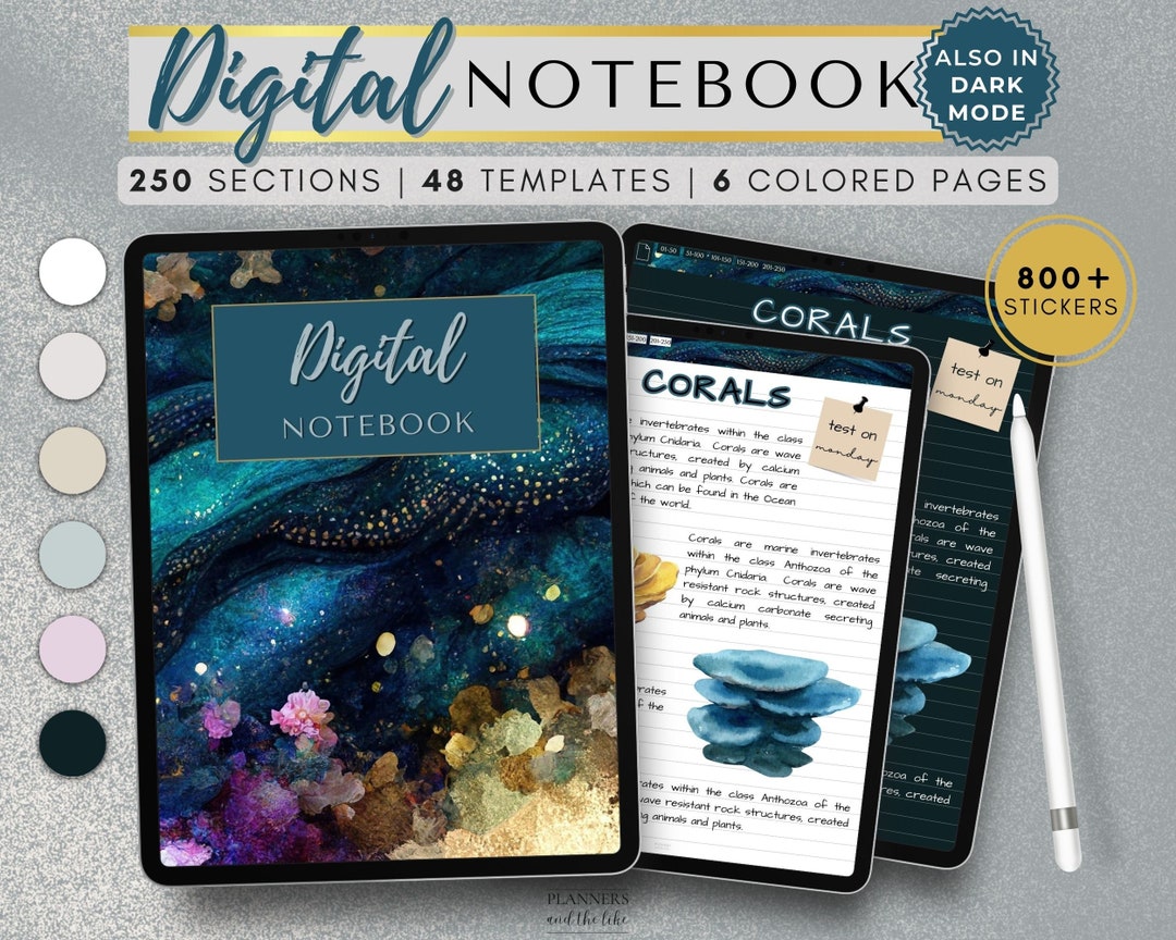 250 Sections Digital Notebook in Light and Dark Mode for Goodnotes ...