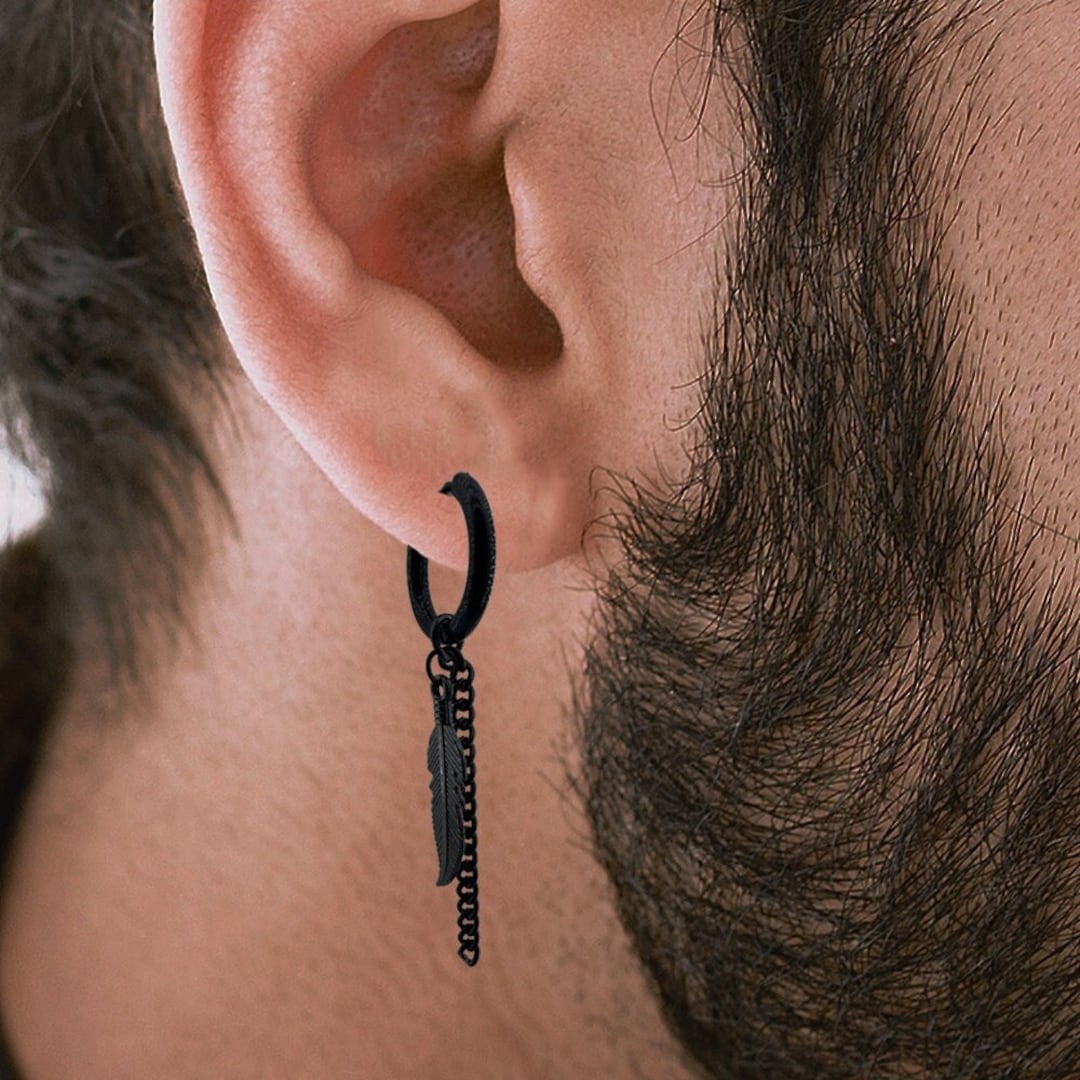Black Feather and Chain, Earring, Mens Earrings, Black Bar Earrings ...