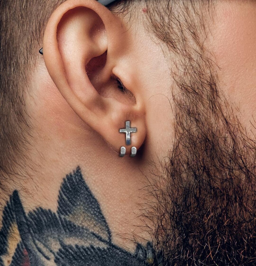Crucifix Stud Earring With Wrap - Men's Cross Earring - Gold Wraparound ...