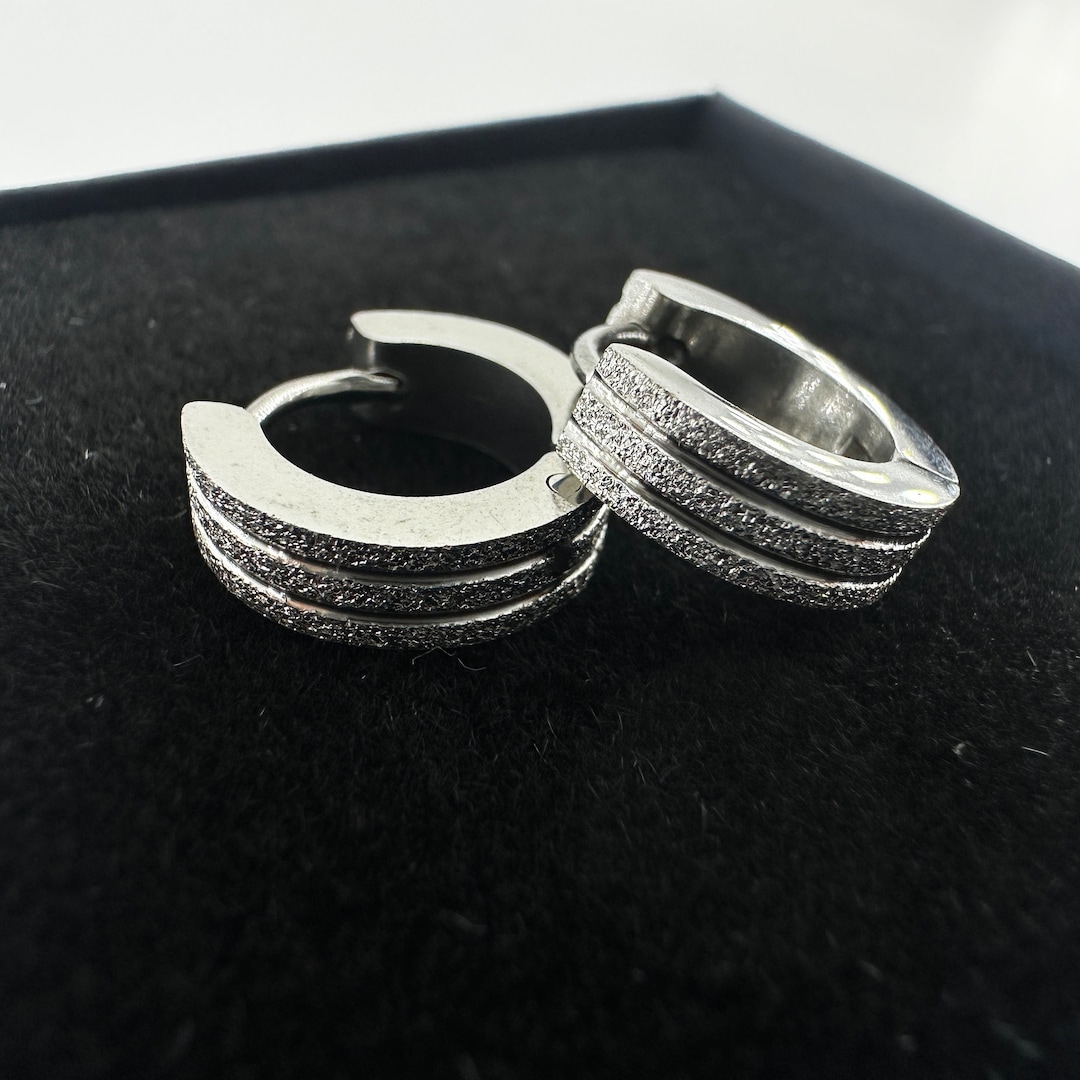 Mens Silver Hoop Earrings | 12mm Patterned Huggie Hoops | Minimalist ...