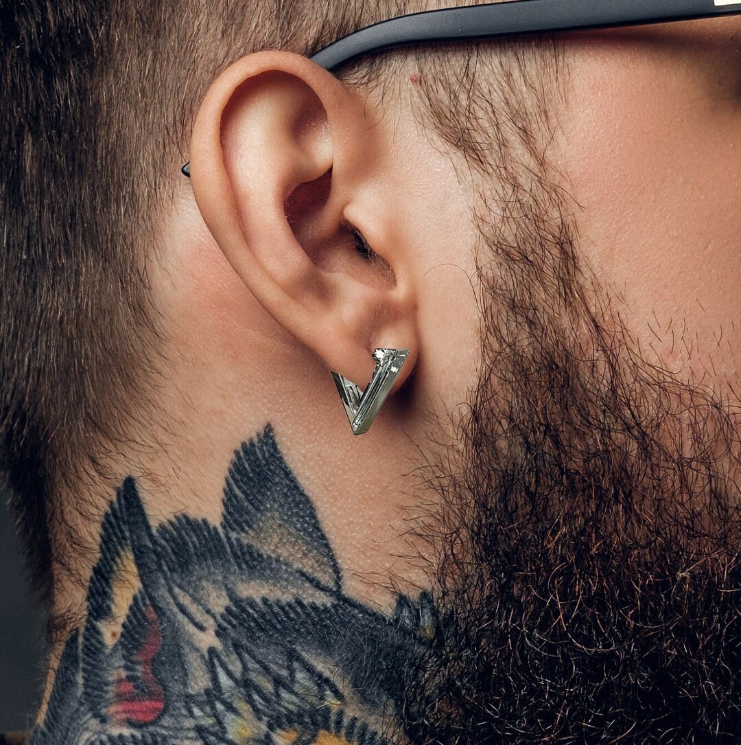 Silver Triangle Earring, Men, Minimalist Male Earring, Mens Earrings ...