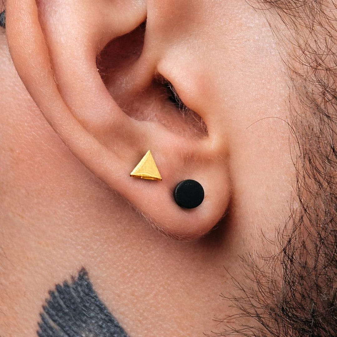Mens Stud Earrings Set, Black Stud Earrings, Gold Triangle Earrings ...