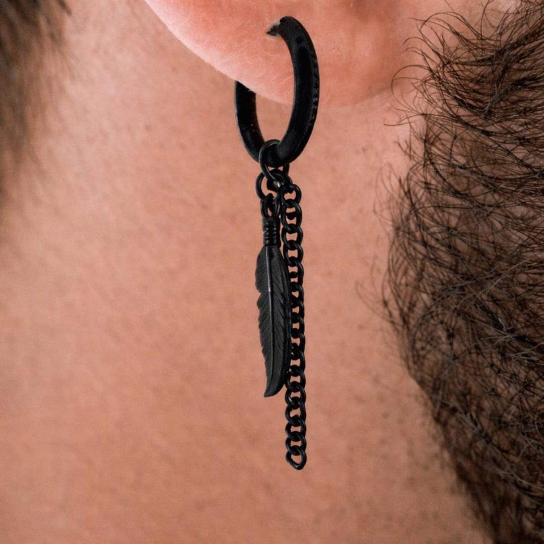 Black Feather and Chain, Earring, Mens Earrings, Black Bar Earrings ...