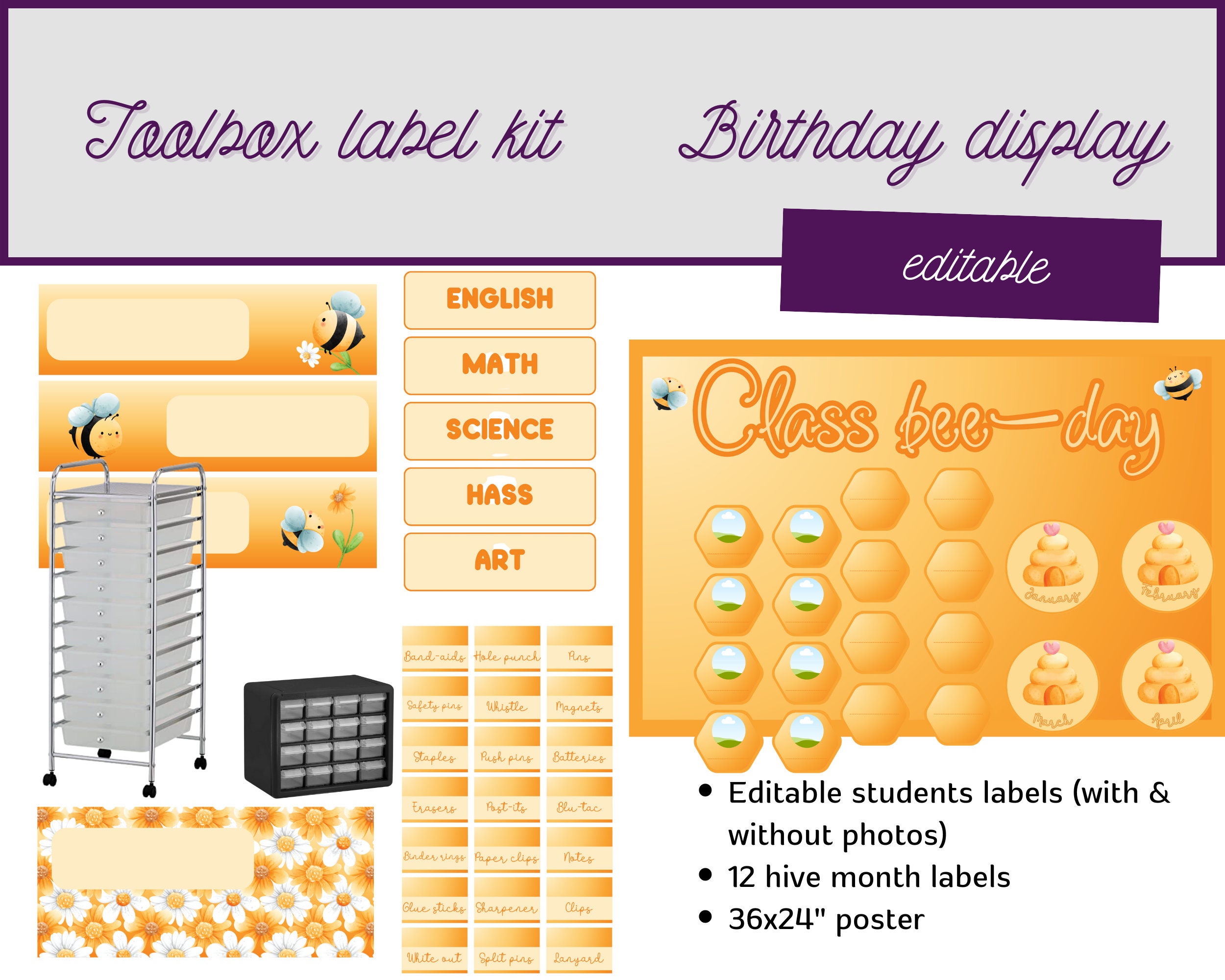 Bee-themed Classroom Decor Bundle, Editable Elementary Bee Decor for ...