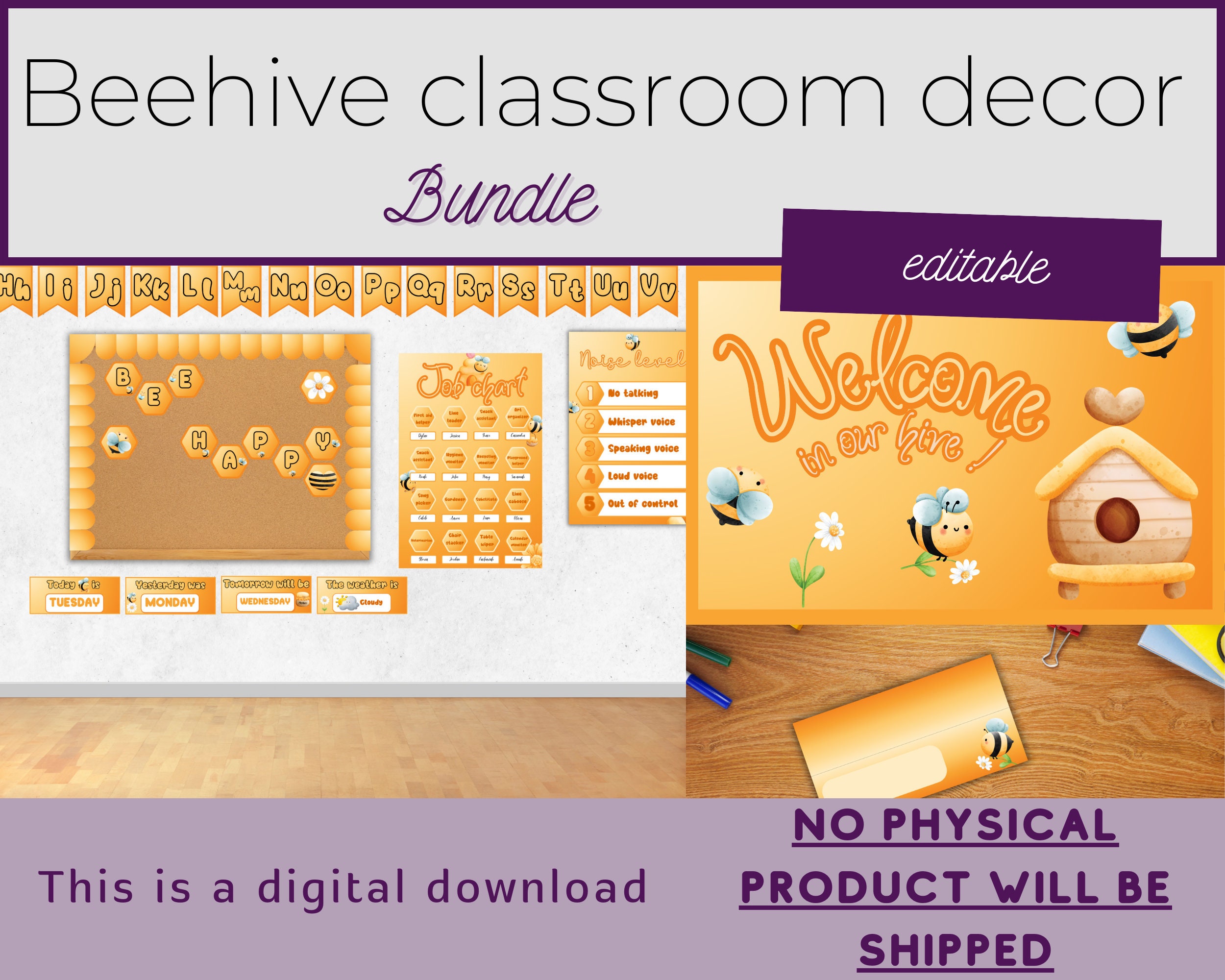 Bee-themed Classroom Decor Bundle, Editable Elementary Bee Decor for ...