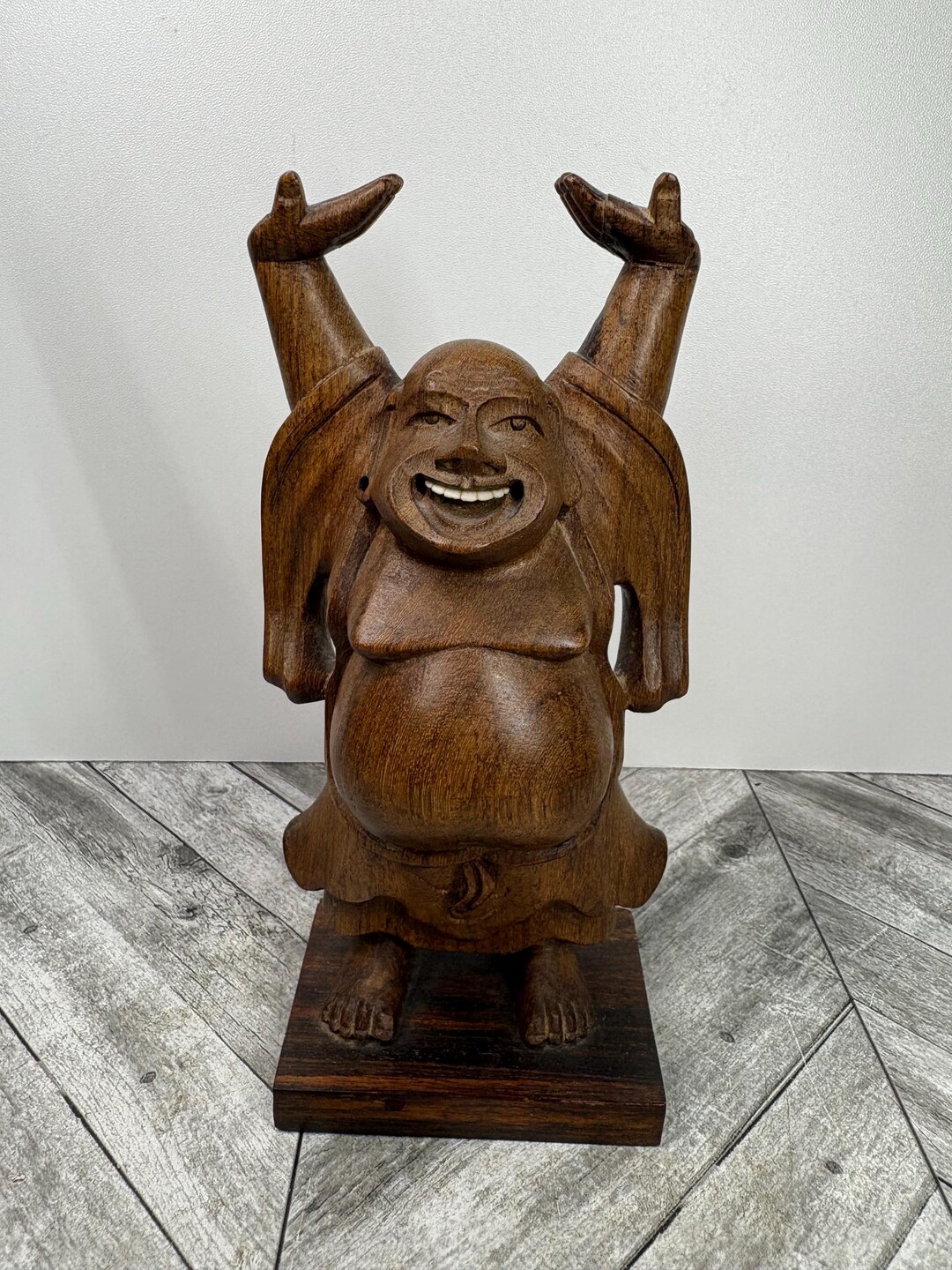 Vintage Wooden Joyful Buddha Statue - Etsy