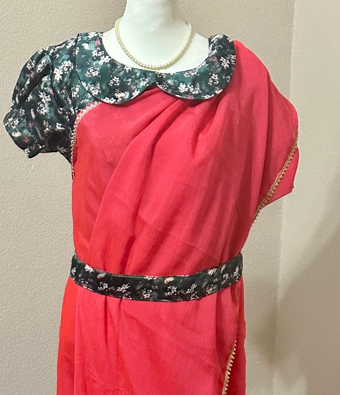 Seetharamam Collar Neck, New CHIFFON Peach Red Saree With Designer Puff ...