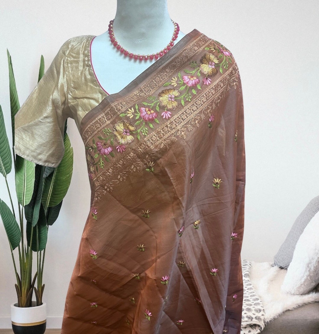 Soft Organza Brown Color Saree With CHIKANKARI Floral Work, With ...