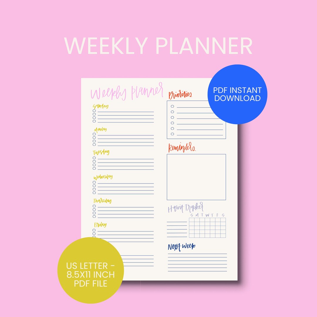 Weekly Planner Printable // Priorities, Daily, Notes, Reminders, Habit ...