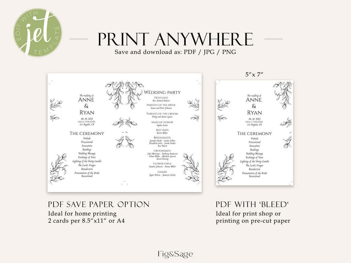 Botanical Wedding Program Template Portrait Floral Editable - Etsy