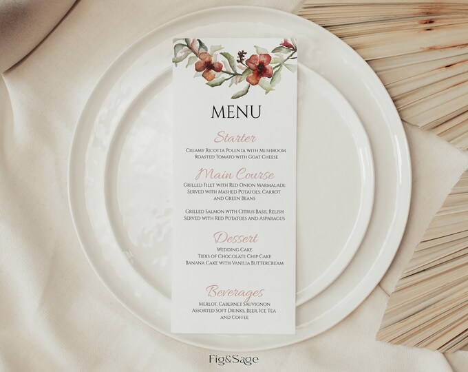 Terracotta Floral, Watercolor Menu Card, Portrait, Floral Editable Menu ...