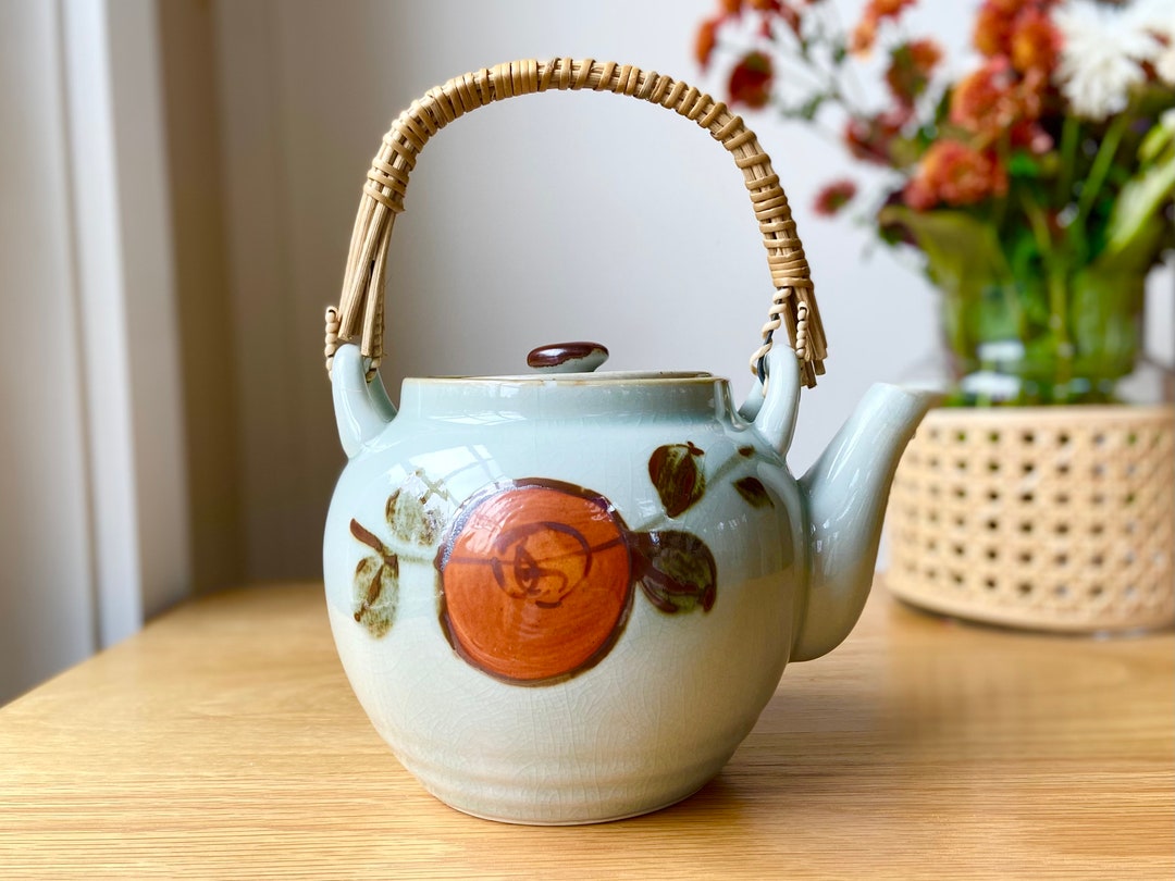 Vintage Stoneware Teapot With Rattan Handle - Etsy
