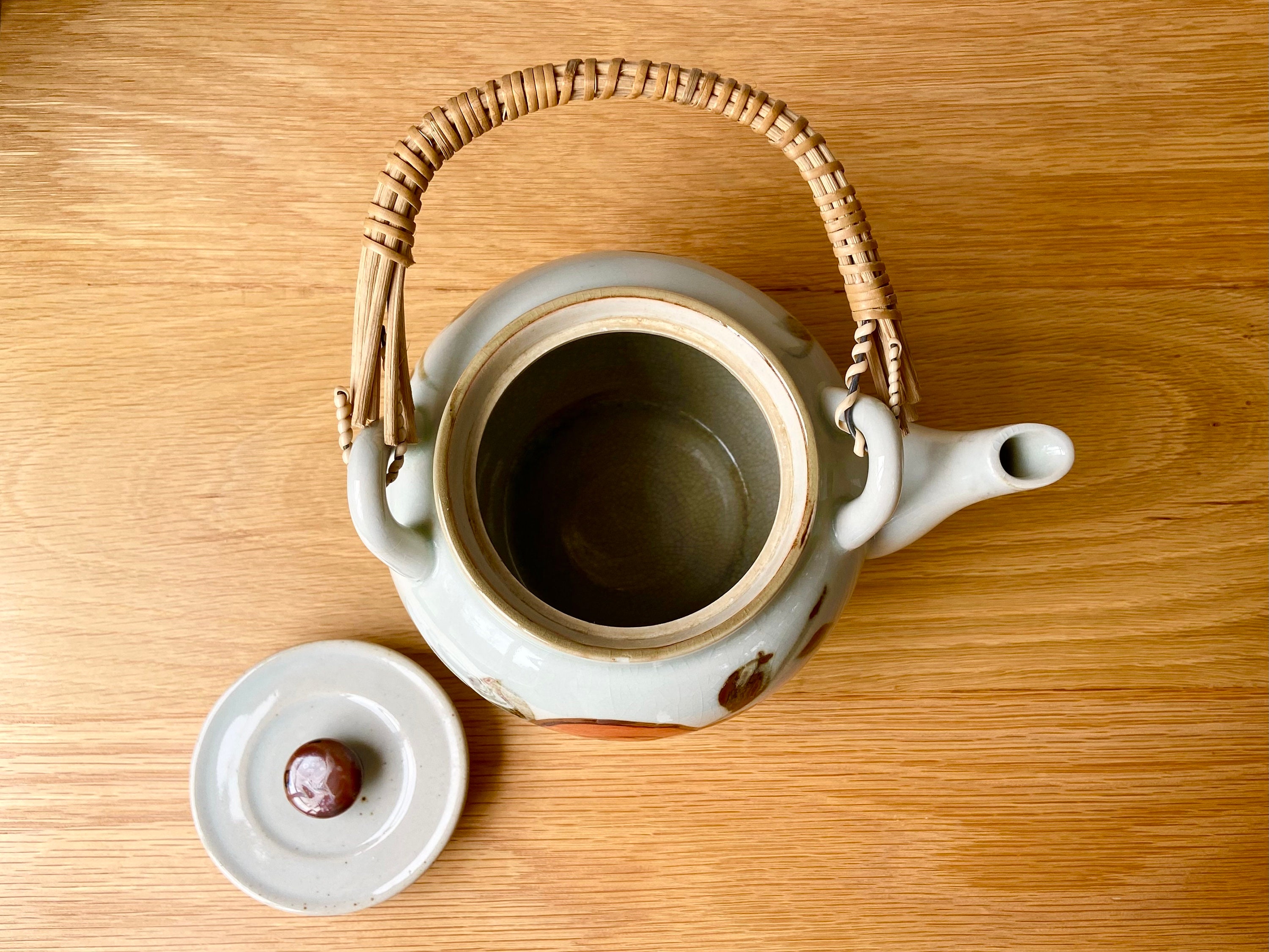 Vintage Stoneware Teapot With Rattan Handle - Etsy
