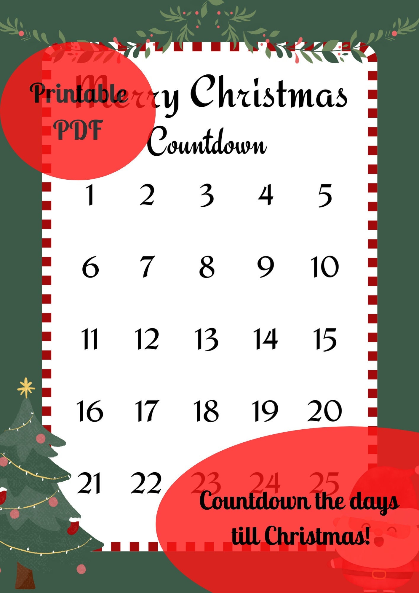 Christmas Countdown Advent Calendar Printable PDF Ready to Print at ...