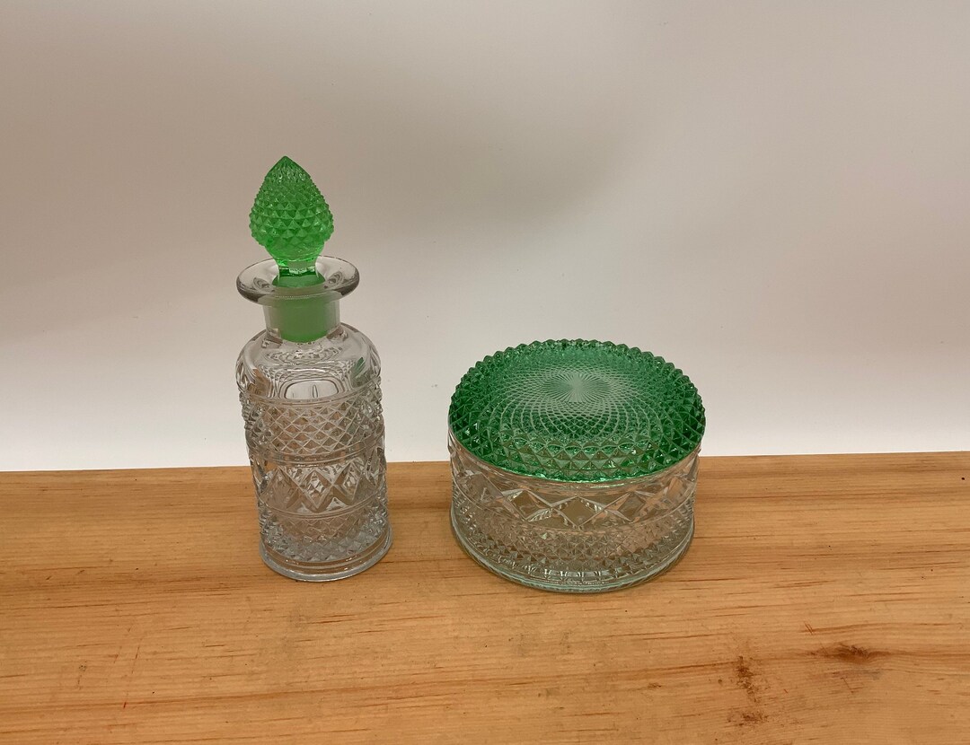 Vintage Cut Crystal With Green Glass, Powder Dish, and Perfume Bottle ...