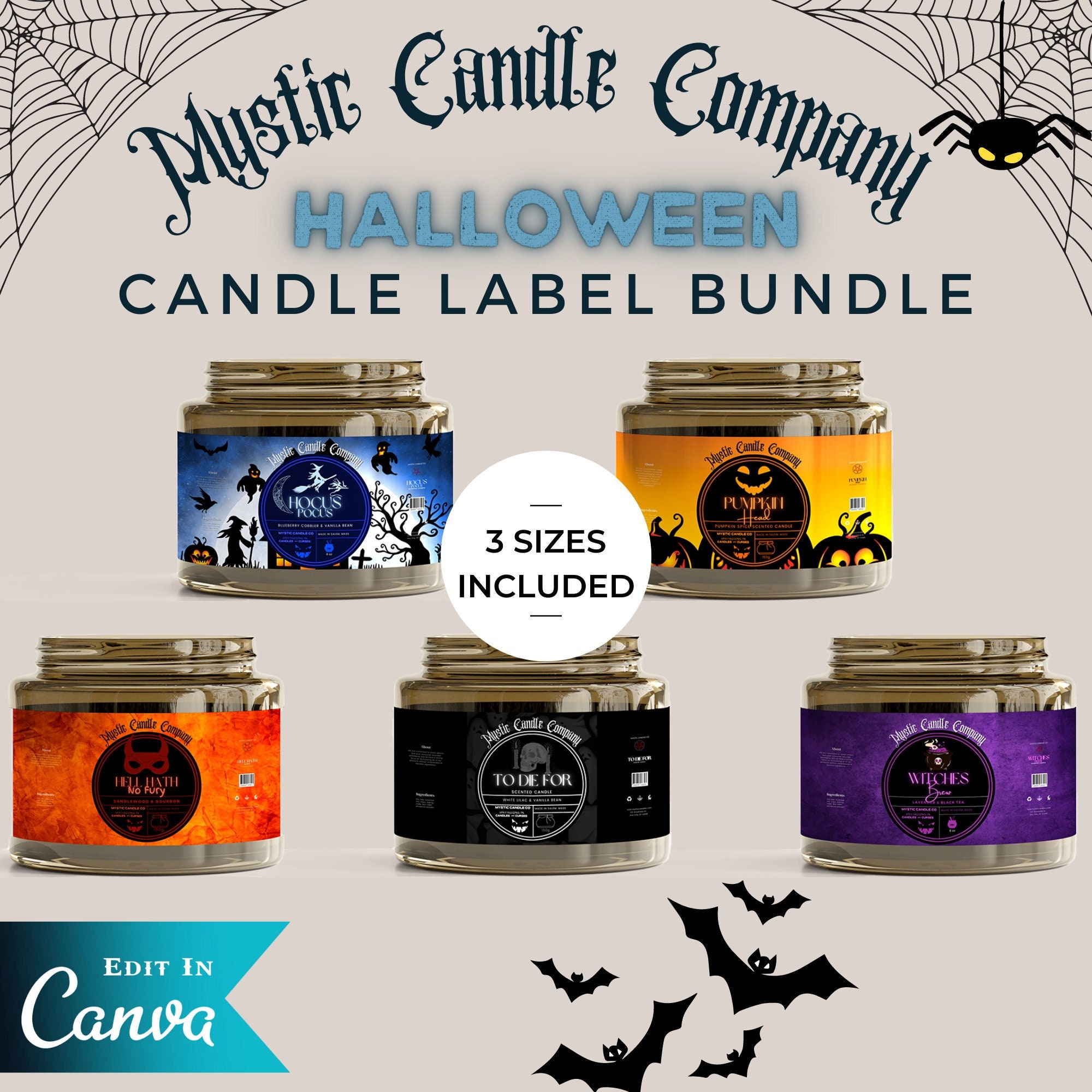 5 SPOOKY Halloween Candle Label Template Bundle, Hocus Pocus, Canva Pro ...