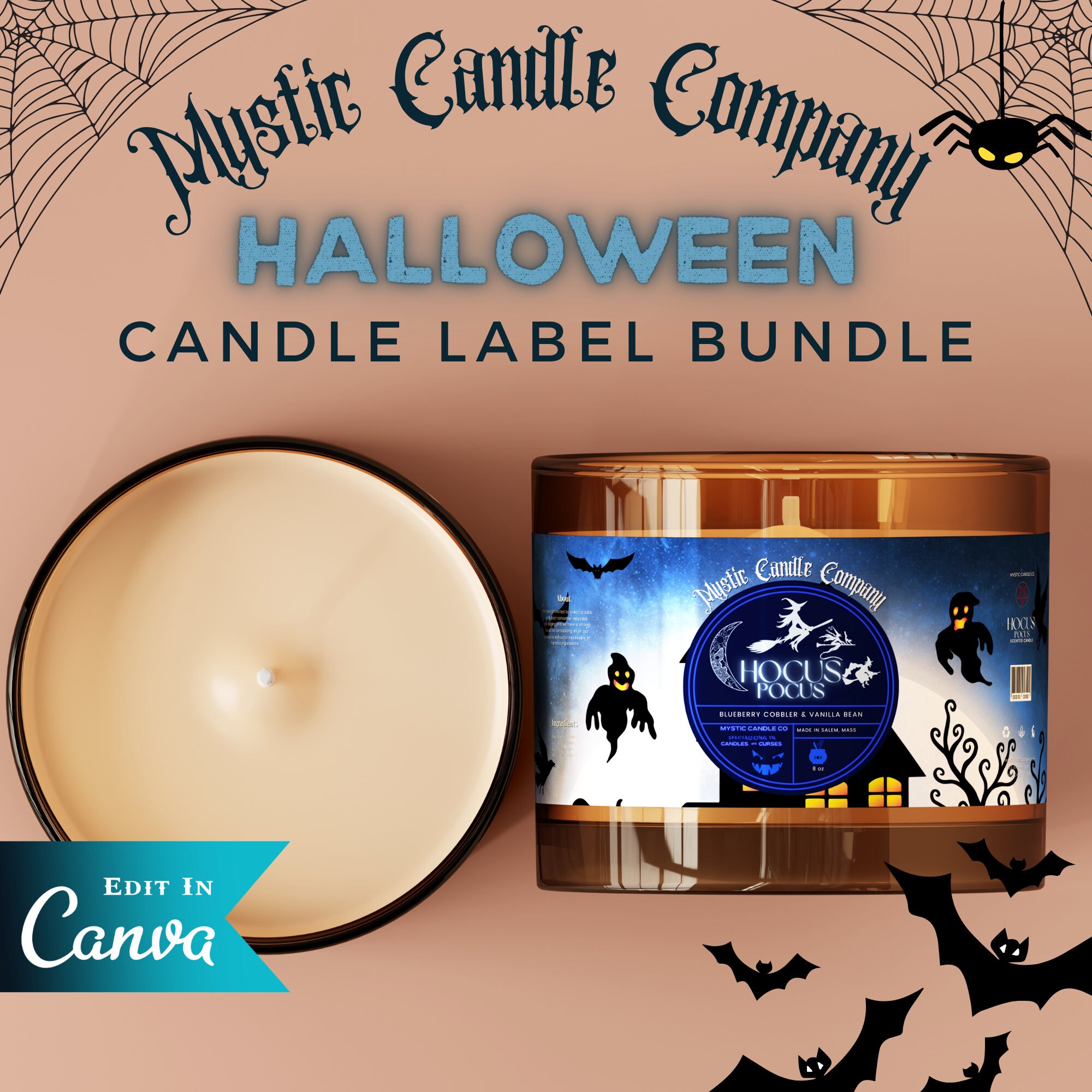 5 SPOOKY Halloween Candle Label Template Bundle, Hocus Pocus, Canva Pro ...