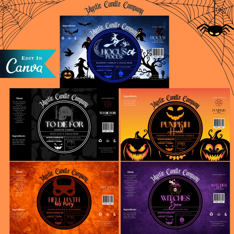 5 SPOOKY Halloween Candle Label Template Bundle, Hocus Pocus, Canva Pro ...