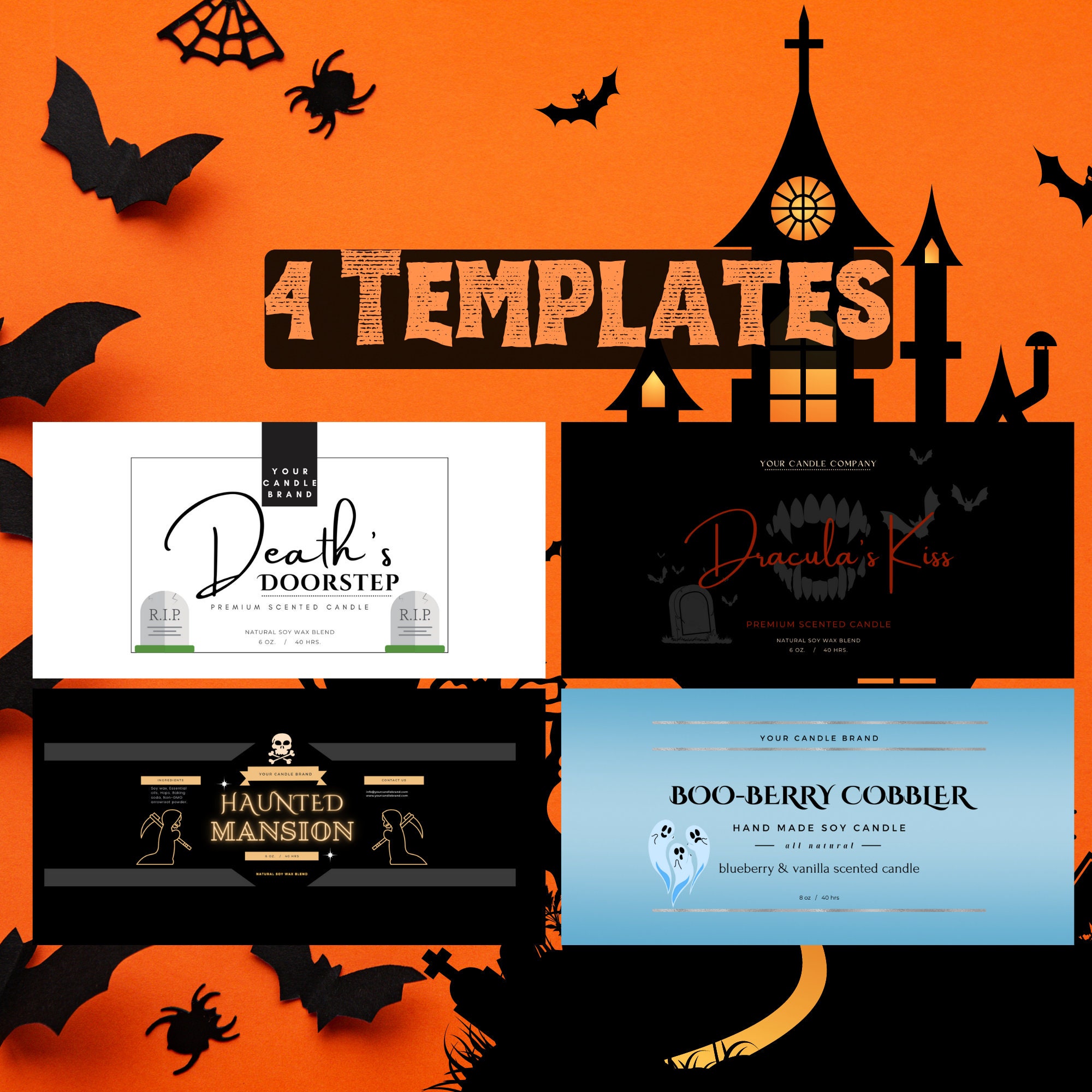 4 SPOOKY Candle Label Templates, Canva Pro, Halloween Templates ...
