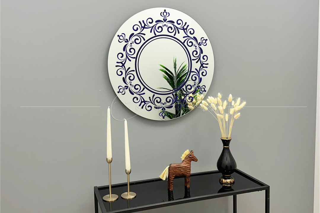 Navy Blue Mirror, Victorian Art Wall Mirror, Round Mirror Art, Entryway ...