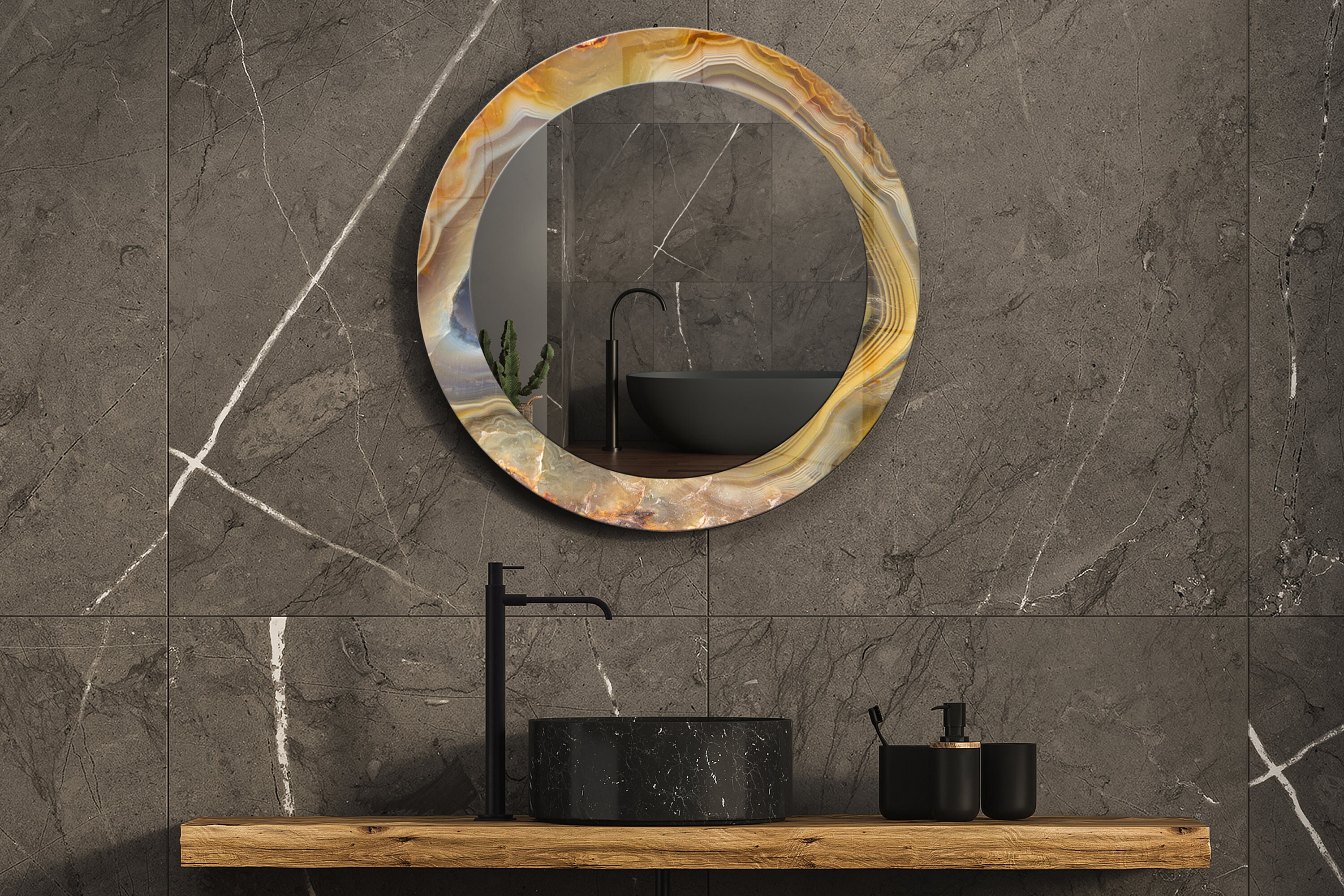 Marble Effect Bathroom Vanity Glass Framed Round Mirror in Brown ...