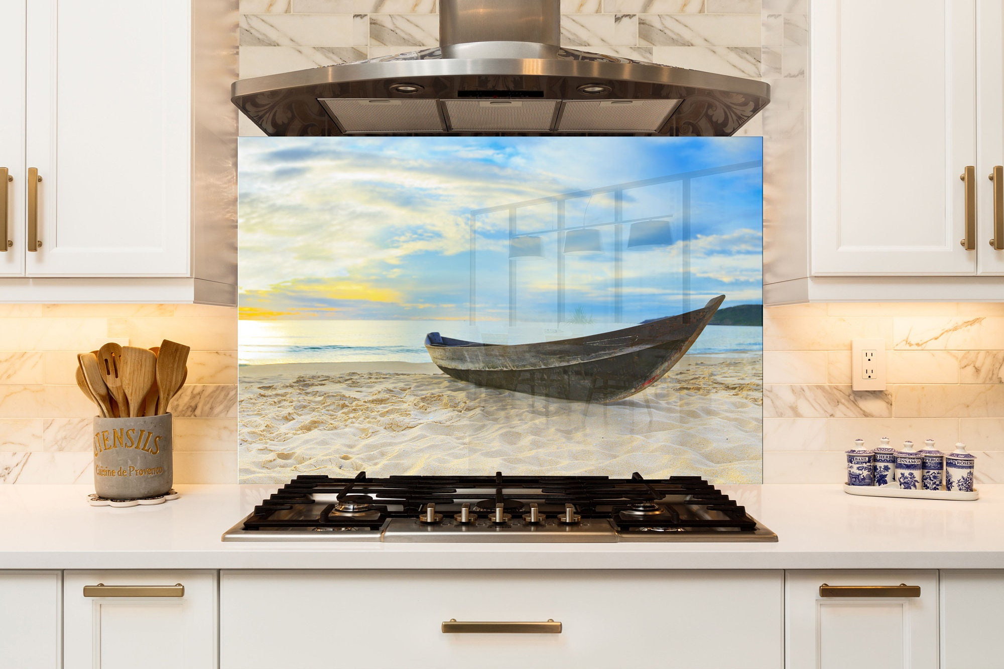 Custom Kitchen Backsplash, Ship on a Beautiful Beach Themed Tempered ...