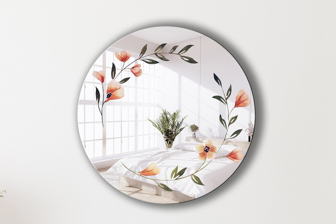 Floral Round Mirror Art Deco Frameless Mirror Asymmetrical - Etsy