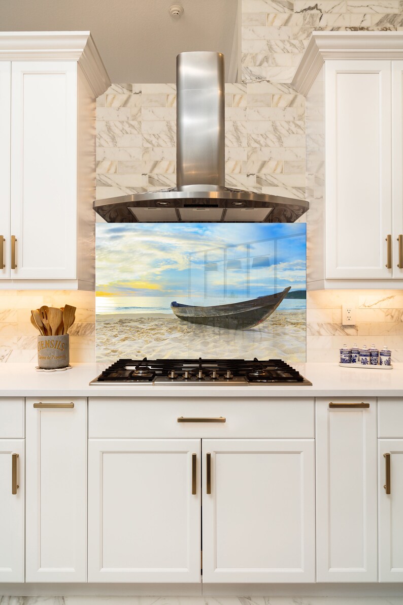 Custom Kitchen Backsplash, Ship on a Beautiful Beach Themed Tempered ...