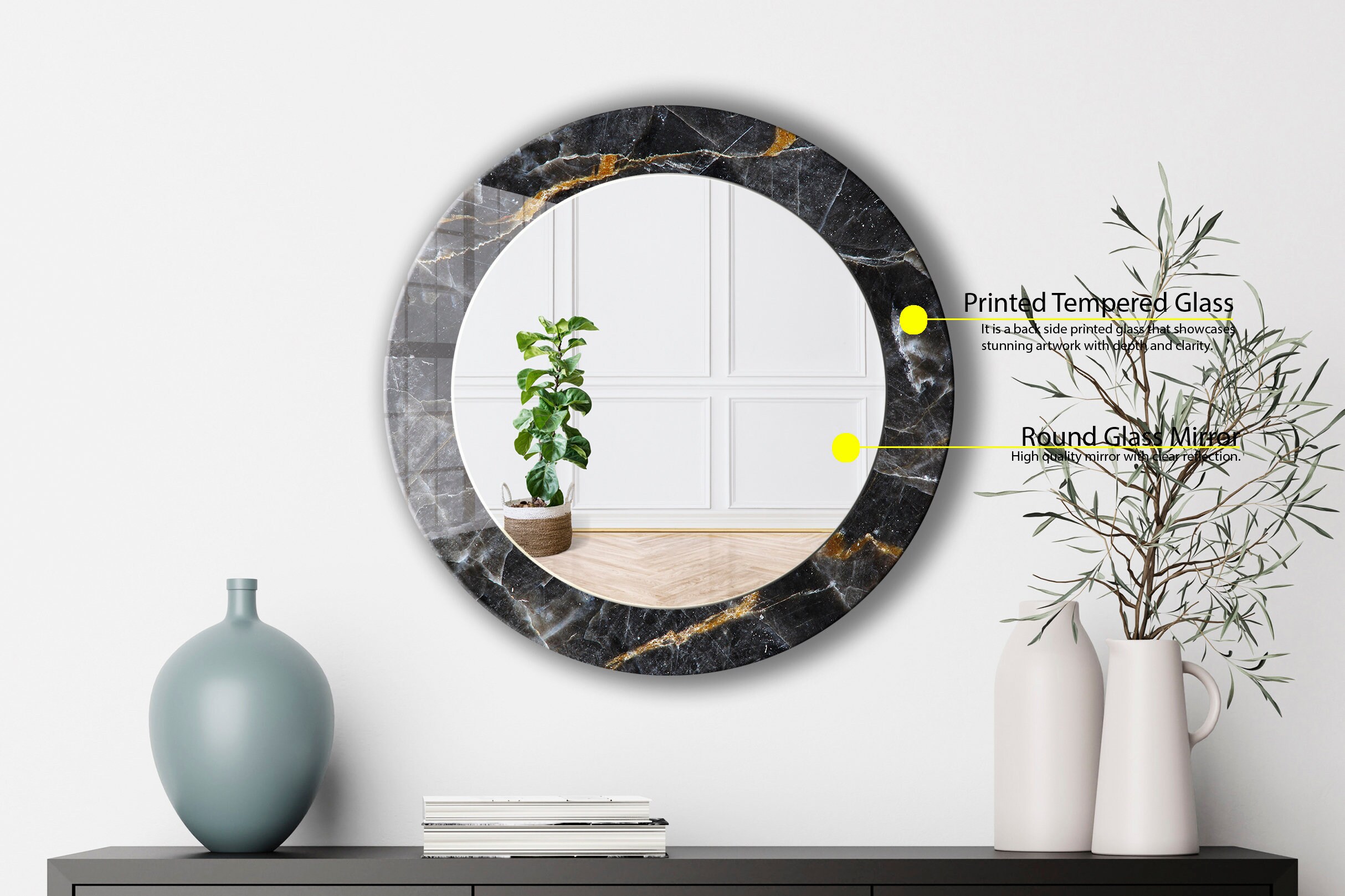 Black and Gold Marble Textured Round Wall Mirror for Hallways - Etsy