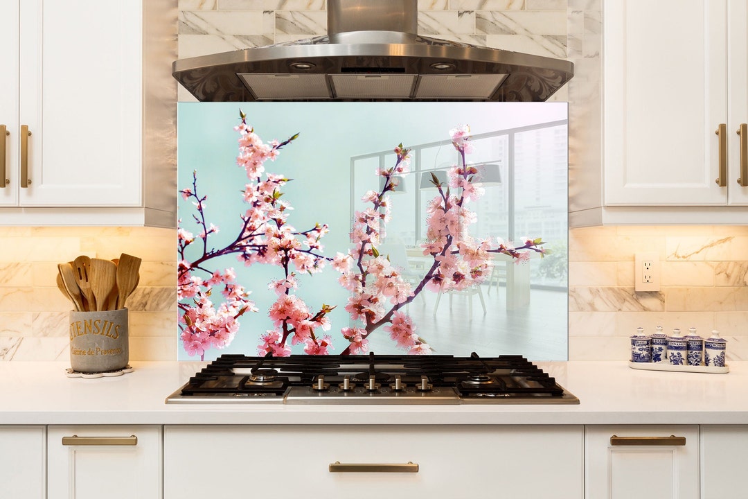 Custom Kitchen Backsplash, Floral Blooming Accent Tempered Glass ...