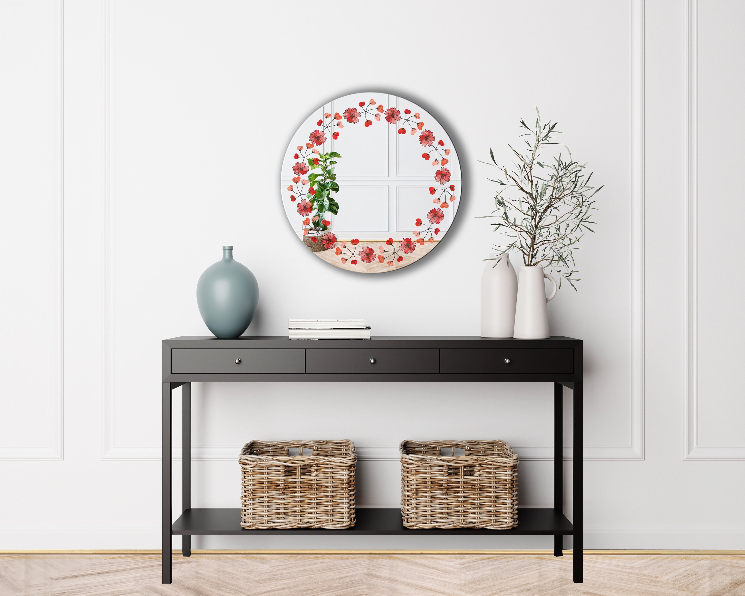 Artistic Round Wall Mirror With Floral Inspired Design Floral - Etsy