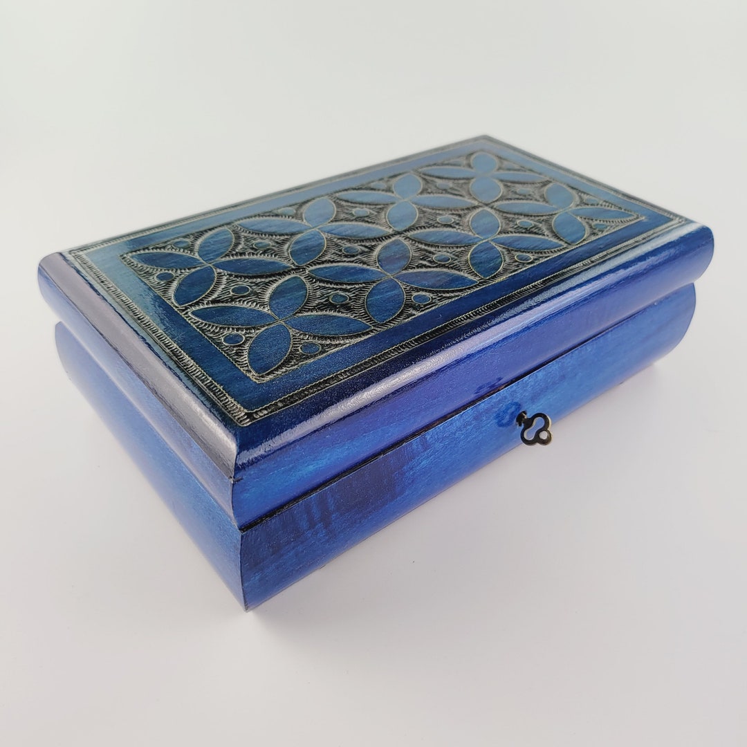 Wooden Jewelery Box, Hand Inlaid and Painted in Blue Color, Lockable ...