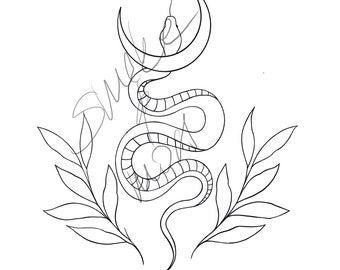 Snake and Moon Hand Drawn Digital Illustration/ (Download Now) - Etsy