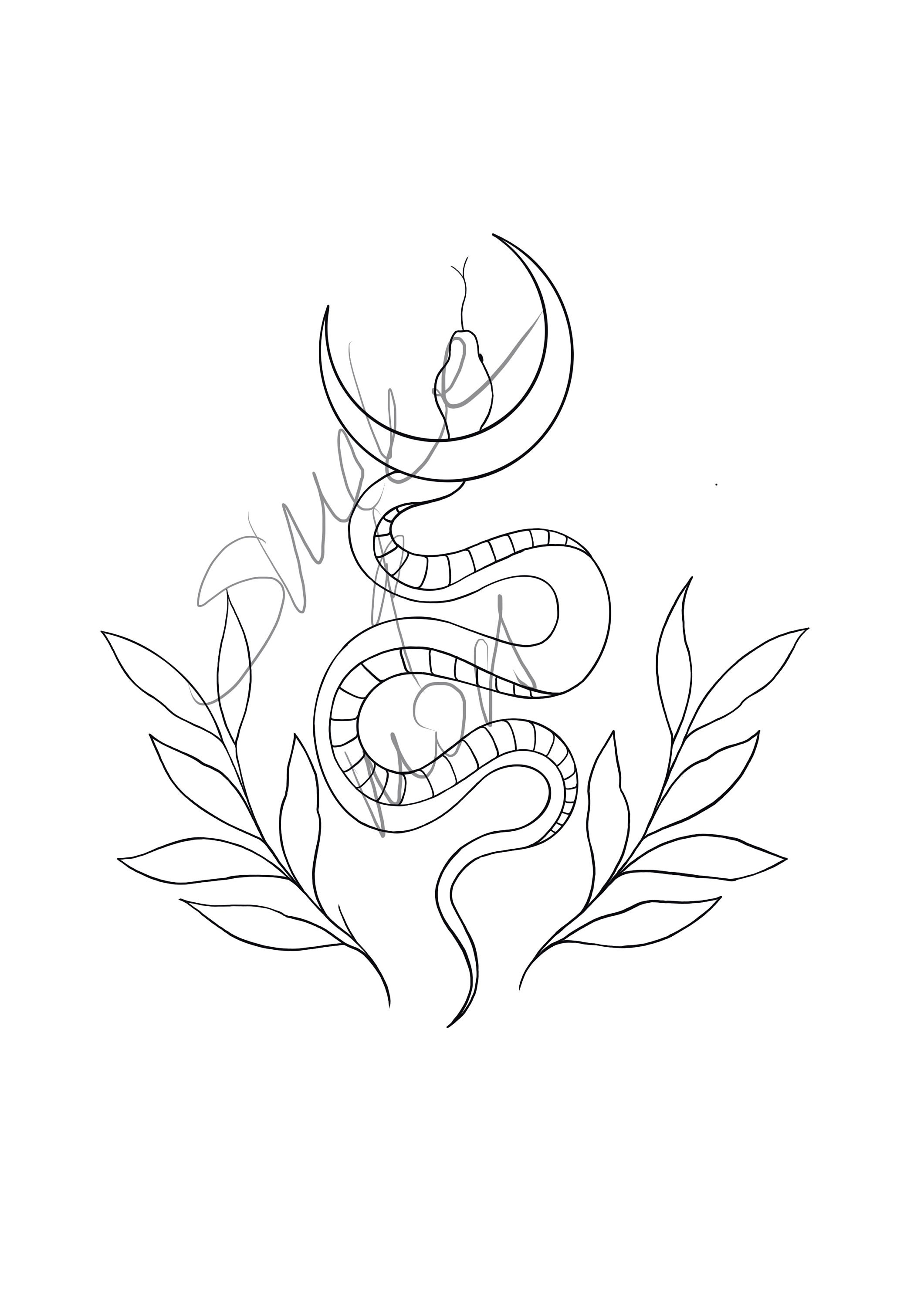 Snake Moon and Leaves Hand Drawn Digital Illustration/ Vector for Wall ...