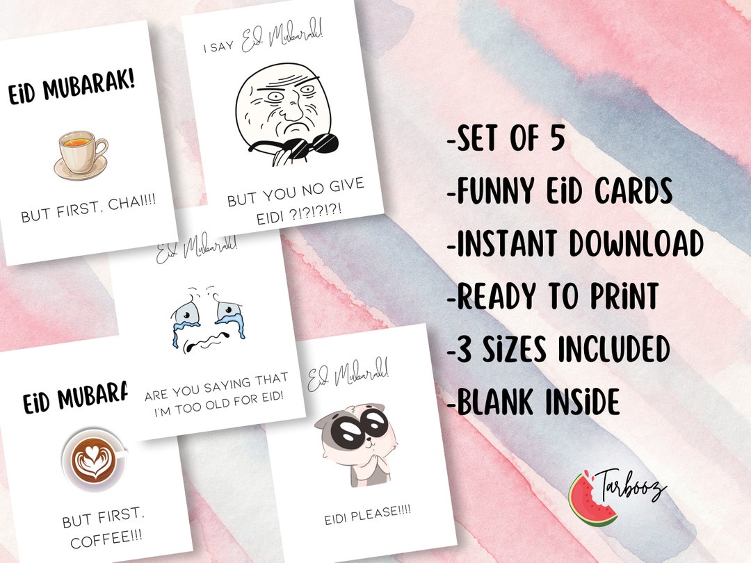 Set of 5 Printable Eid Cards Funny Eid Cards Eid Al Fitr - Etsy