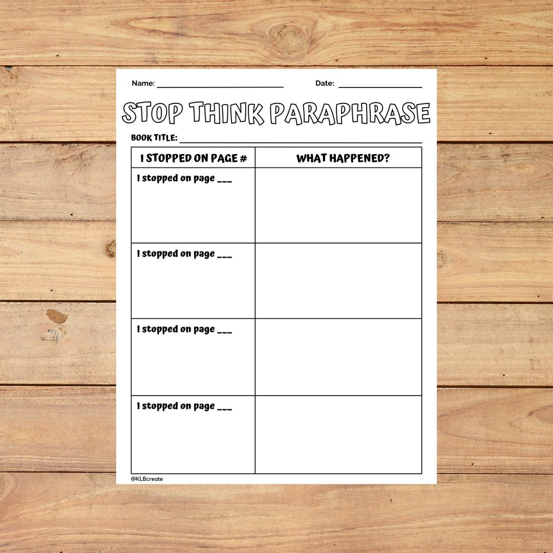 Stop Think Paraphrase - I Stopped on Page #/what Happened? - Etsy