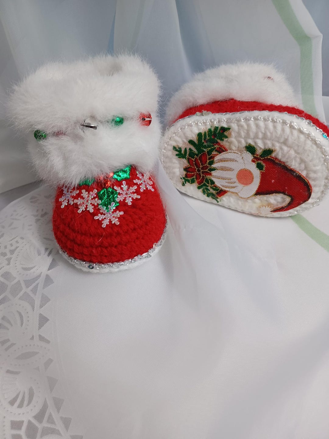 Christmas Santa Jingle Bells Holiday Gift Chrochet Knitting Shoes Boots ...
