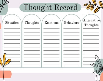 Simple Horizontal Thought Record Worksheet for Cognitive Behavioral ...