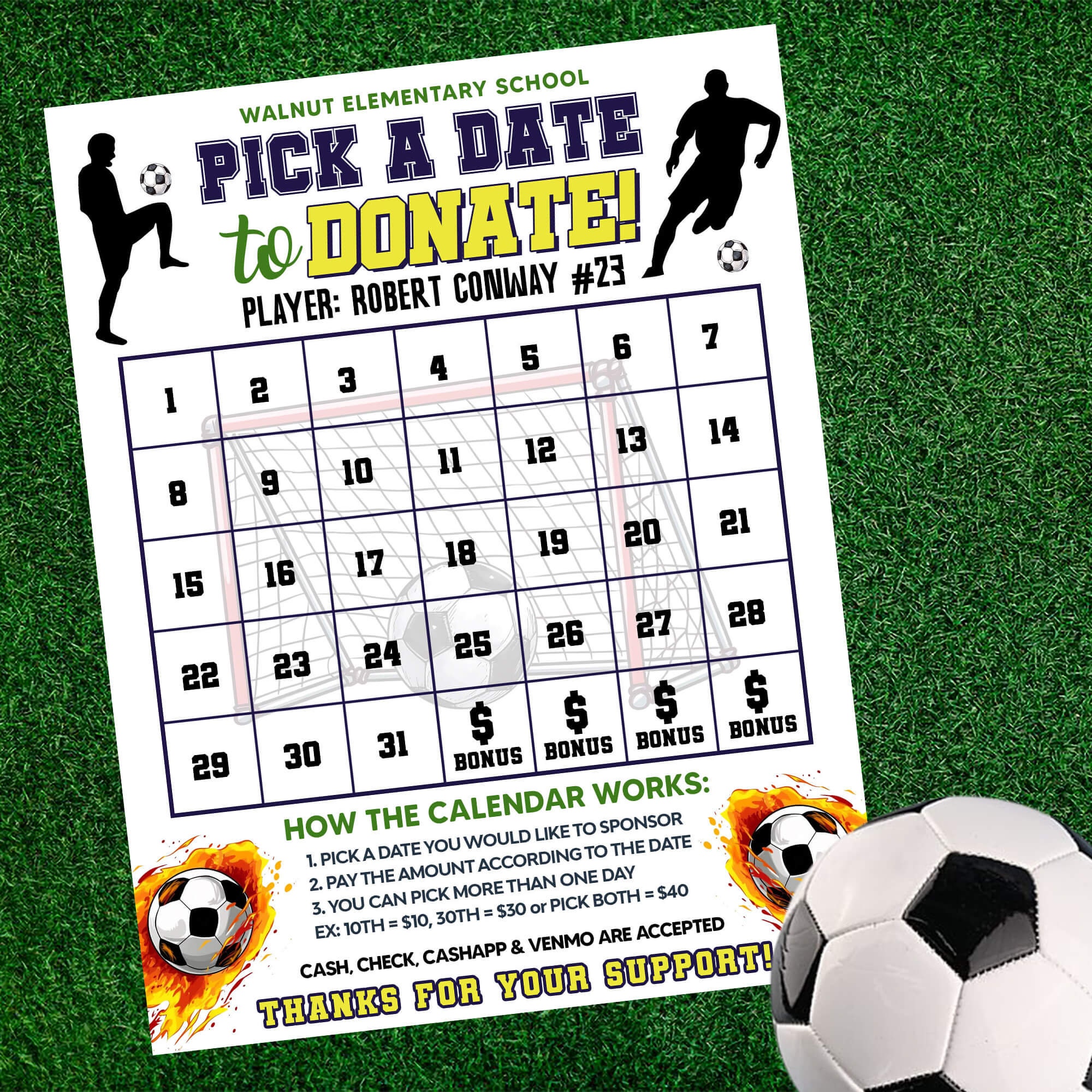Editable Soccer Fundraiser Pick A Date to Donate Calendar, Football ...