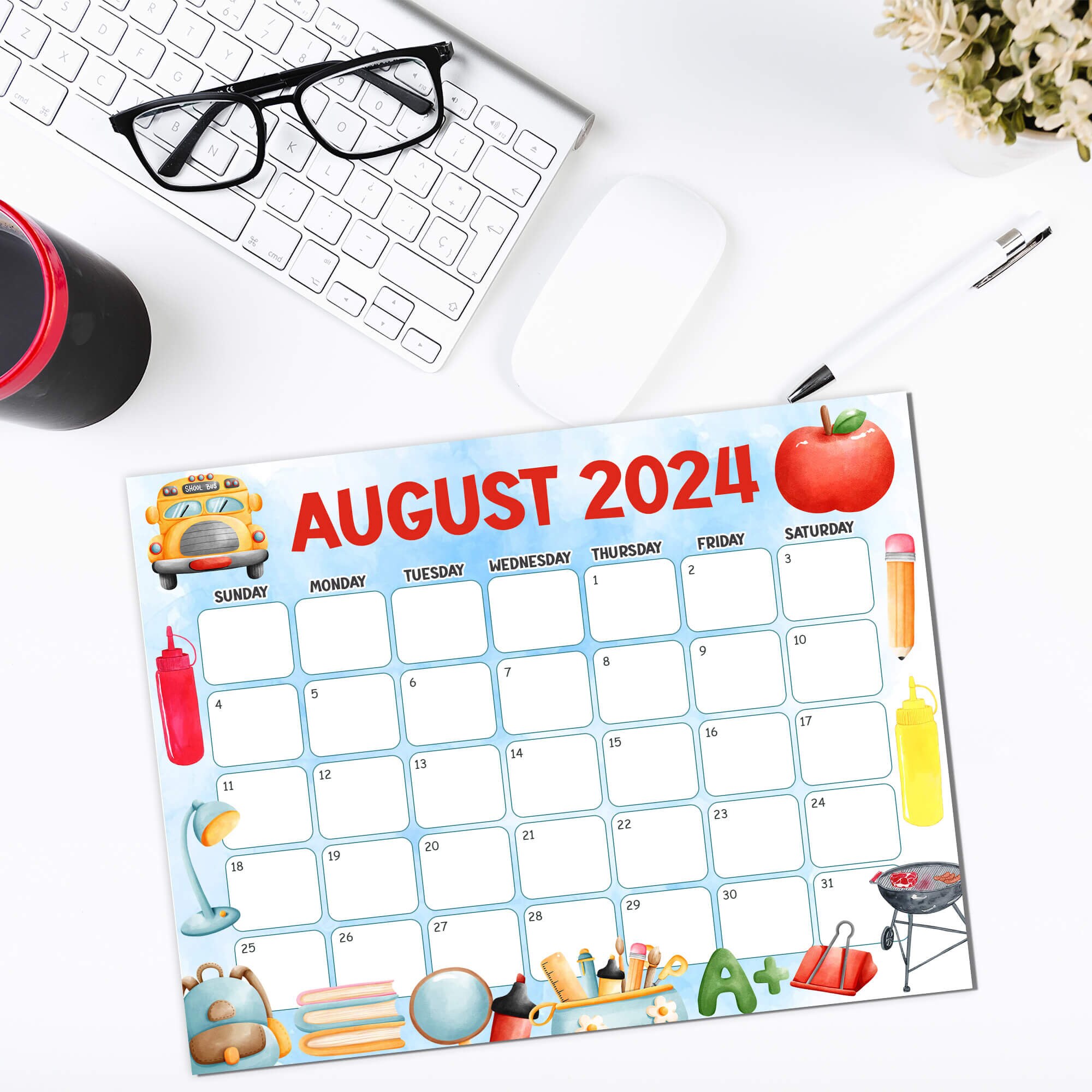 Printable August 2024 Back to School Themed Calendar, School Days Month ...